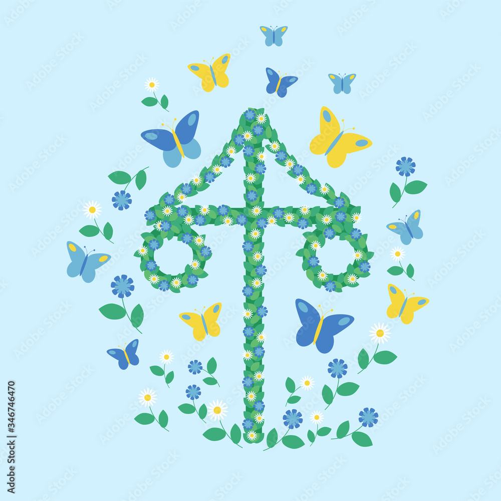 Swedish midsummer. A traditional Maypole with butterflies and flowers ...