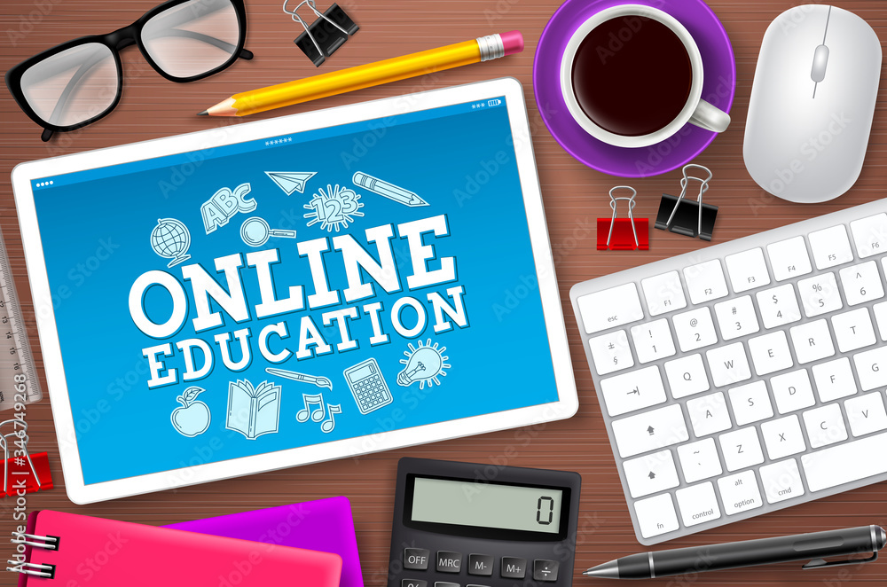 Online education e-learning school vector design. Online education text ...