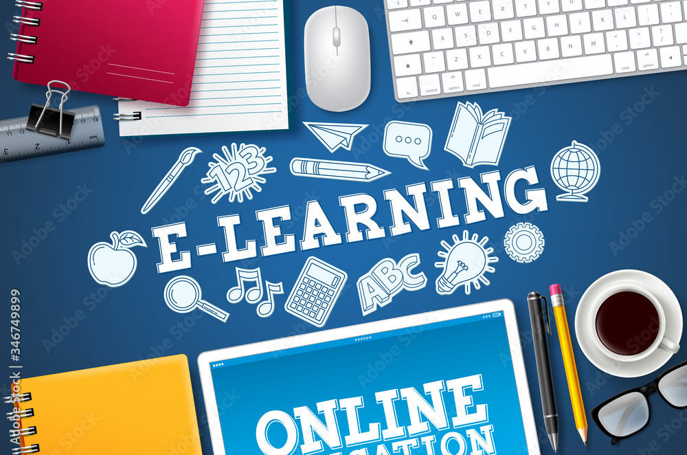 E-learning online school vector banner. E-learning text with computer ...