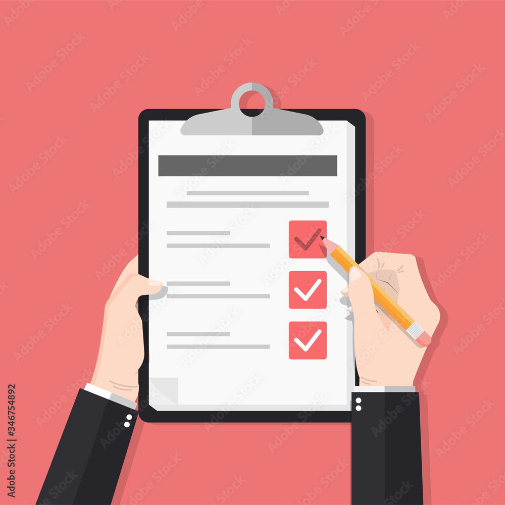 Survey form with pencil vector illustration. Hand holding and fill ...