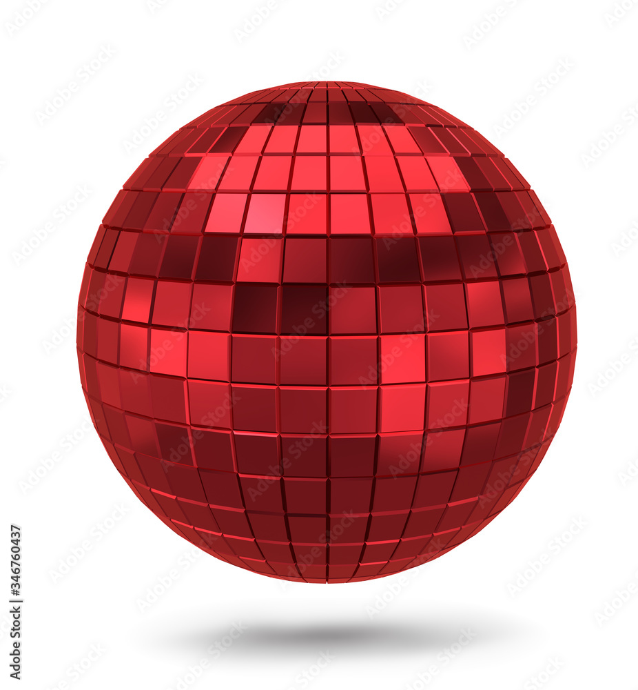 Red metallic polygonal sphere isolated on white background. red disco ...