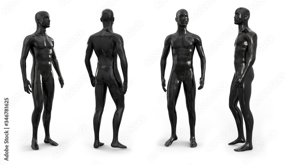 Black plastic male mannequin for clothes. Set from the side, front and ...