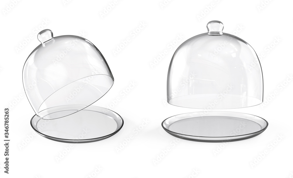 Set of glass restaurant cloche with open raised lid. Glass transparent ...