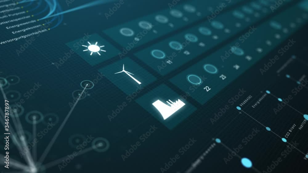 Energie HUD-Display Sonne, Windrad, Kraftwerk 04 vídeo do Stock | Adobe ...