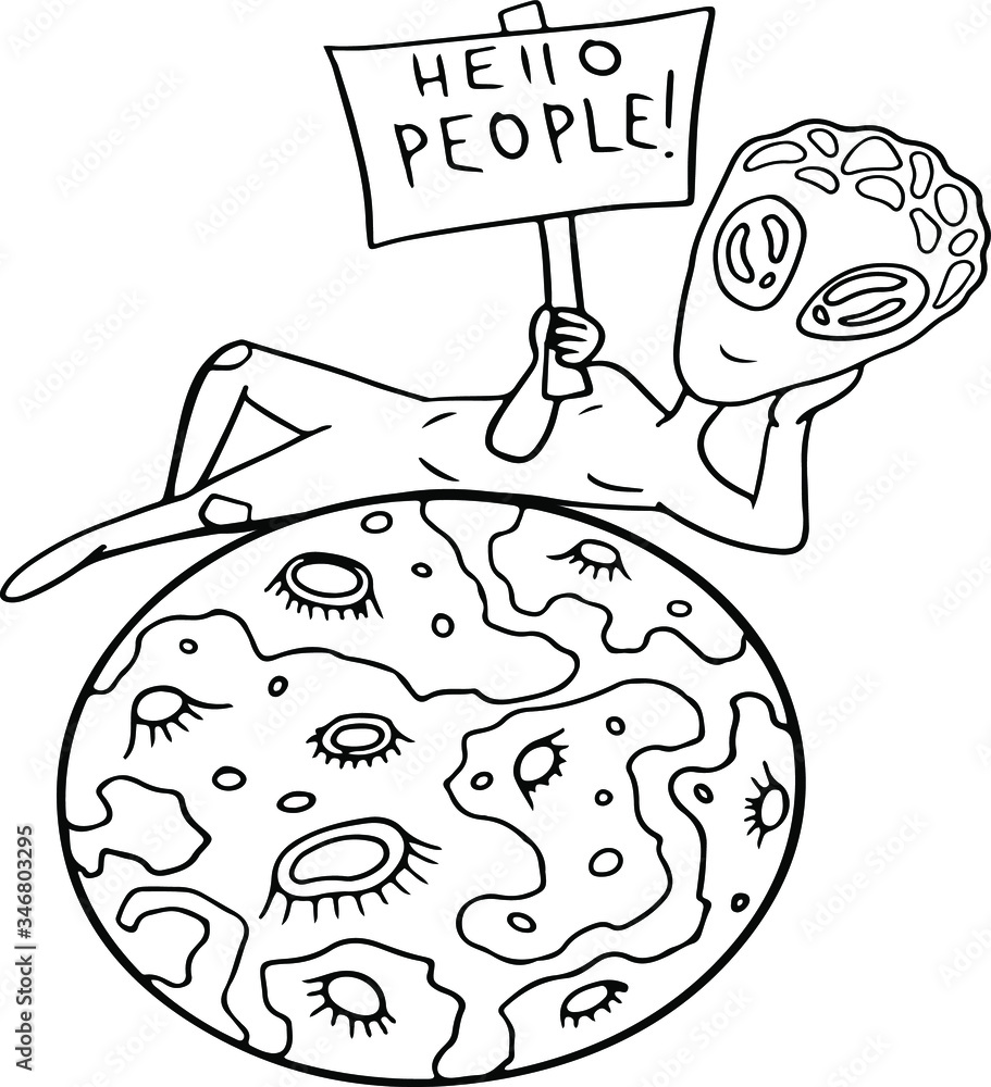 Funny alien lying on the moon with a sign. Hand drawn vector outline ...