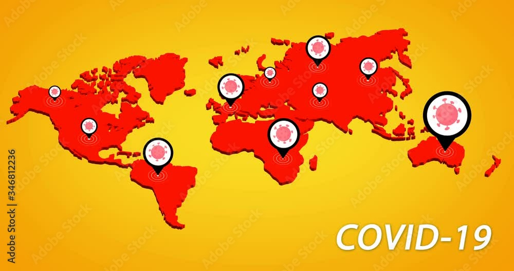 Animated red map of world with covid-19 marks. Animation of places with ...