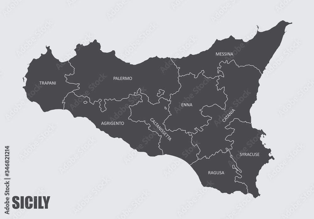Sicily regions map with labels isolated on white background Stock ...