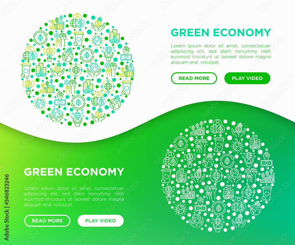 Green economy concept in circle with thin line icons: financial growth ...