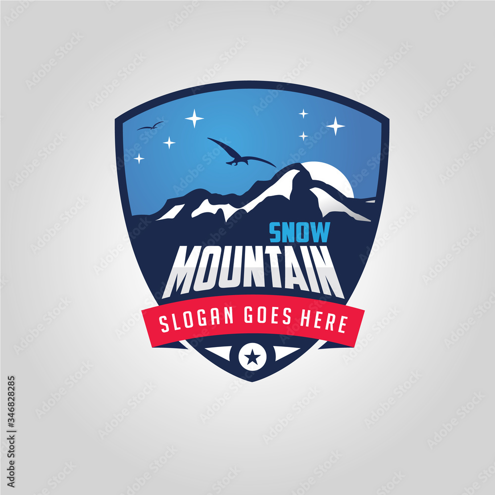 Snow Mountain Logo. Adventure Outdoor Vector Emblem Design. Blue Sky ...