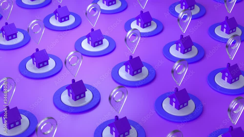 4K Houses and locations pin on a violet purple background. Isometric ...