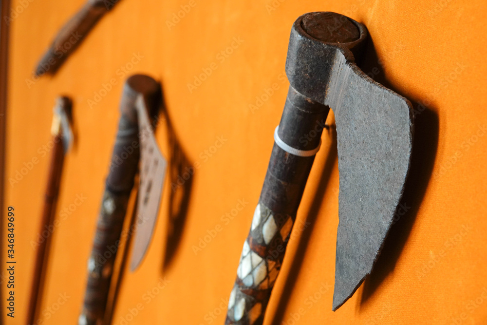 Old Arab Medieval Weapons and Battle Axes on Wall. Ancient Armory in ...