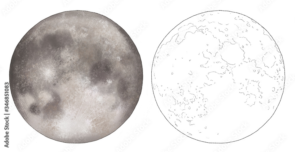 Full moon hand-drawn pencil sketch and watercolor technique Stock ...