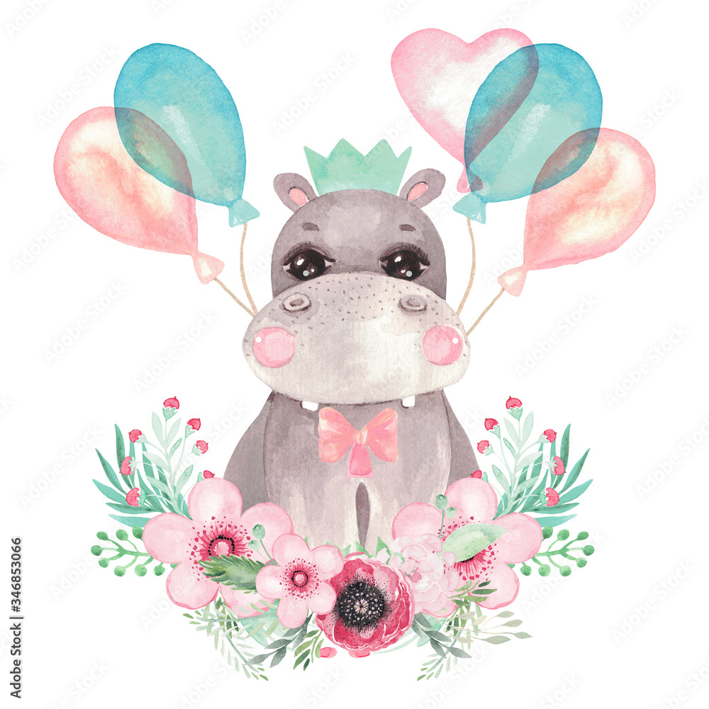 Watercolor illustration of a cute baby Hippo Festive character in a ...
