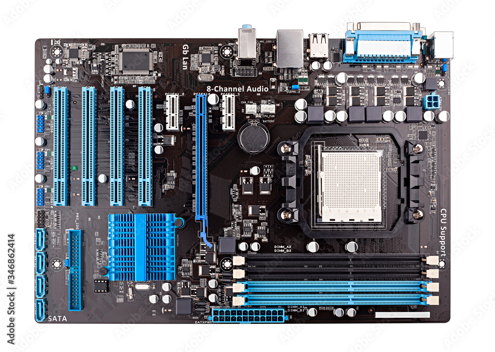 computer mainboard or motherboard with blue cpu sockets of a pc ...