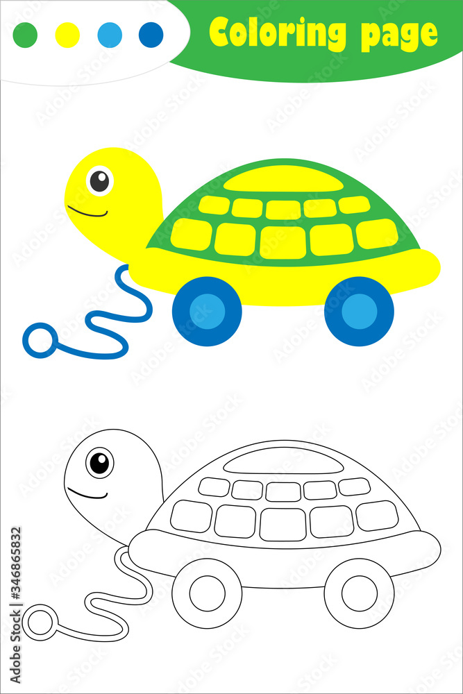 Toy turtle in cartoon style, coloring page, education paper game for ...