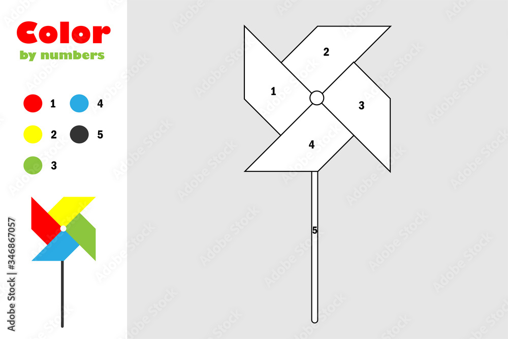 Pinwheel in cartoon style, color by number, education paper game for ...