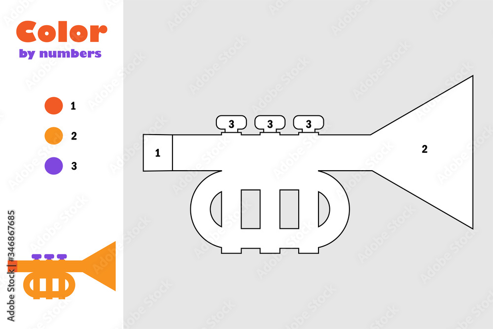 Trumpet in cartoon style, color by number, education paper game for the ...