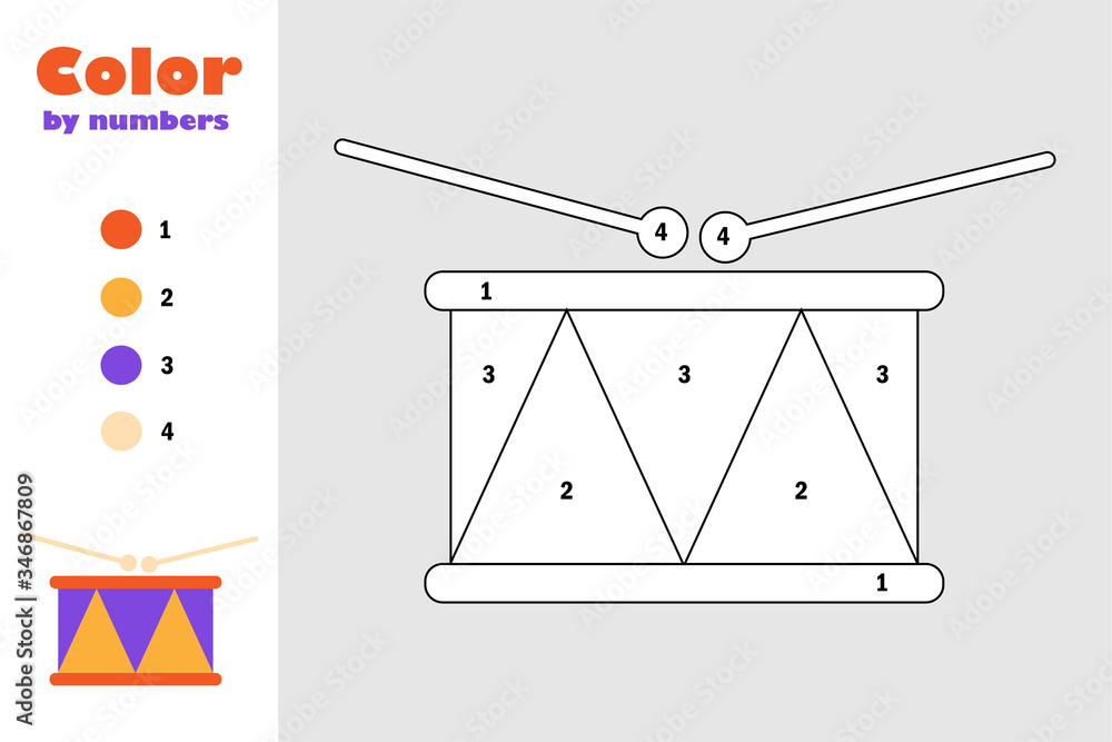 Toy drum in cartoon style, color by number, education paper game for ...