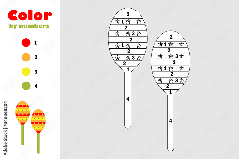 Maracas in cartoon style, color by number, education paper game for the ...