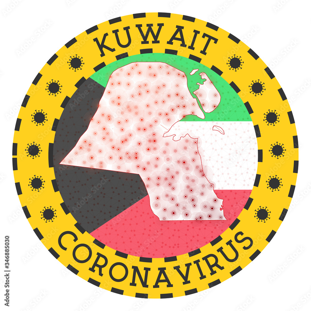 Coronavirus in Kuwait sign. Round badge with shape of Kuwait. Yellow ...