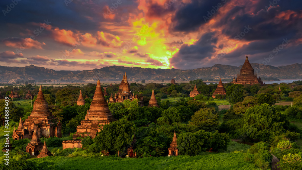 Asian ancient architecture archaeology temple in Bagan at sunset ...