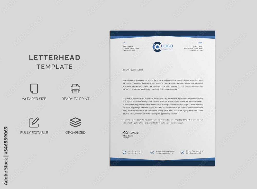 Corporate blue business letterhead design vector template. Simple and ...