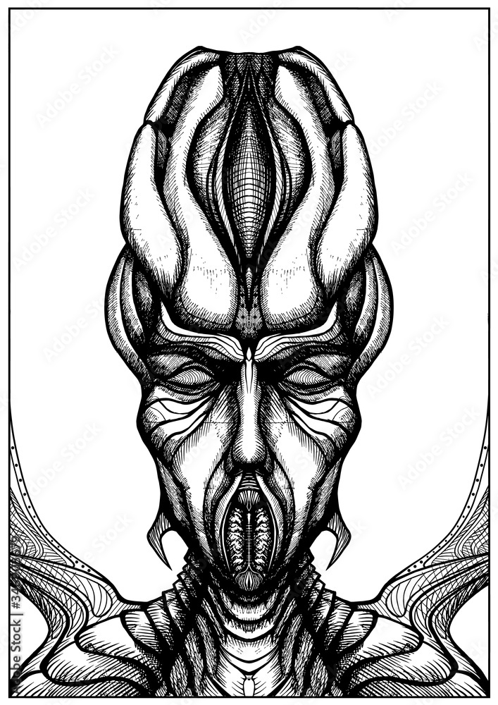 Alien, humanoid, intelligent creature, with an elongated large head ...