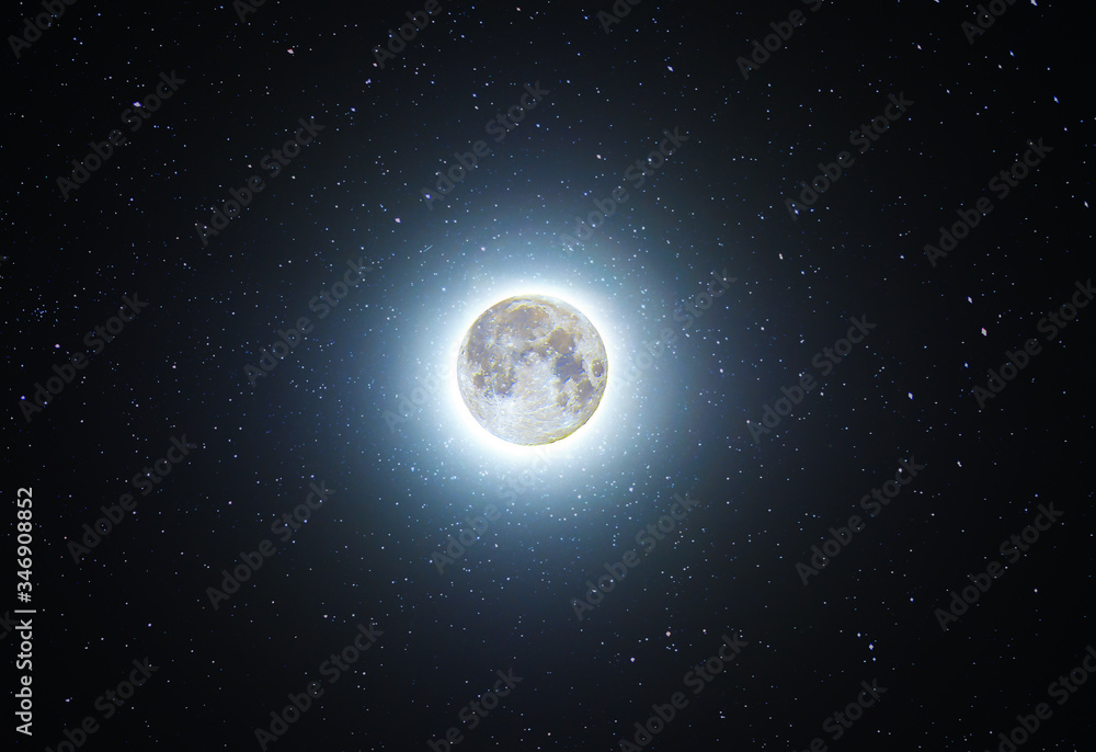 Full moon glowing in the starry sky. Night photography. Astronomical ...