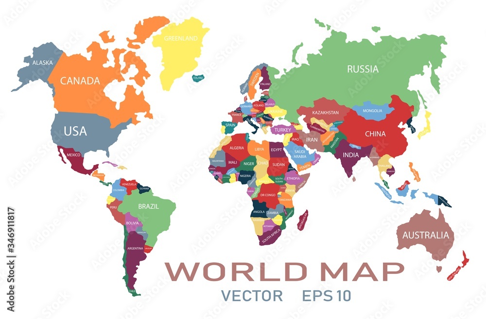 A bright, multi-colored map of the world divided into countries ...