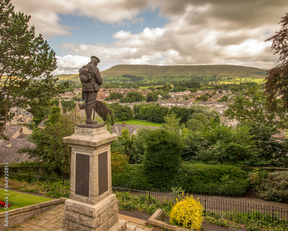 Clitheroe castle park and war memorial looking out over the Ribble ...