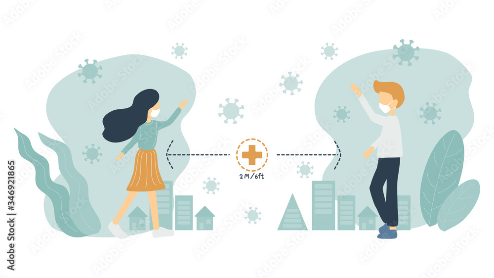 illustration of woman greeting, wave hands toward man while keep social ...