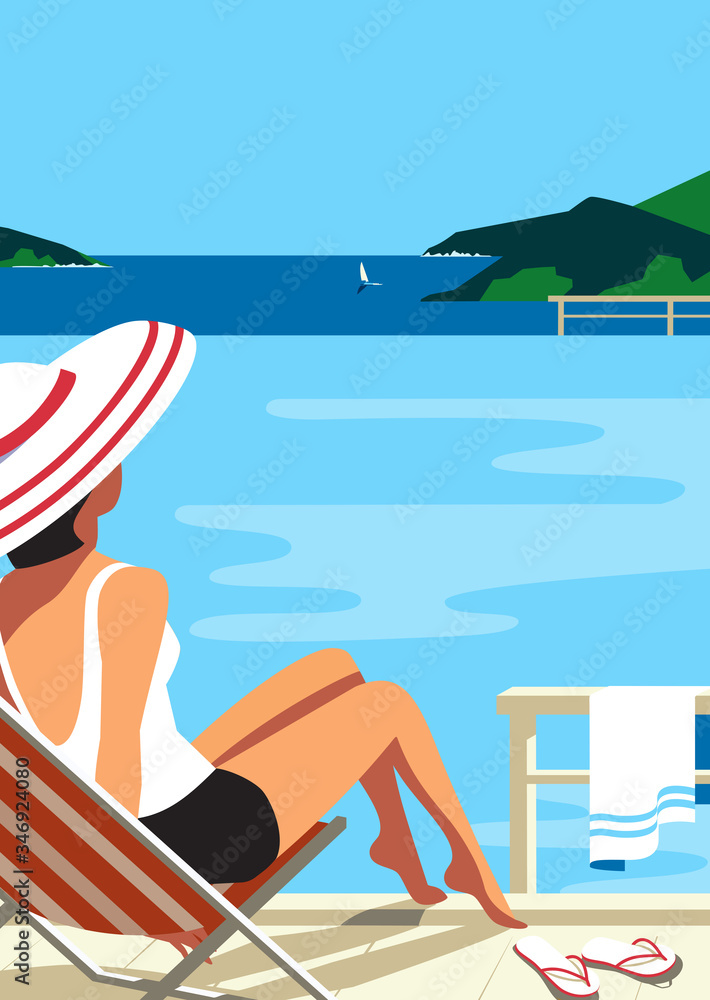 Girl relax in swimming pool on seaside flat vector Stock Vector | Adobe ...