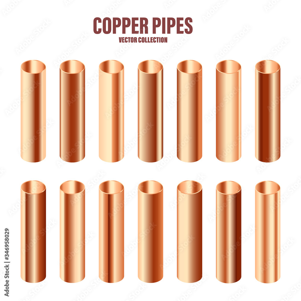 Copper pipes collection. Construction material. Polished metal texture ...