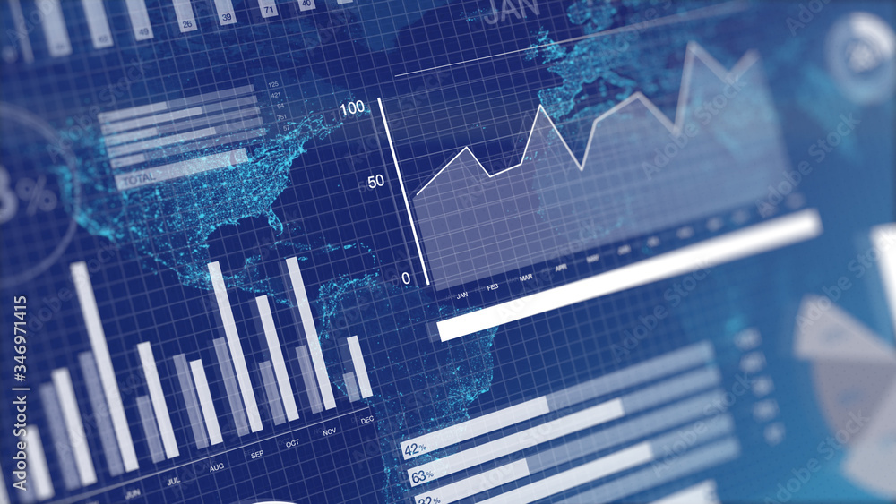 3D rendering illustration of graphs and charts over globe map ...