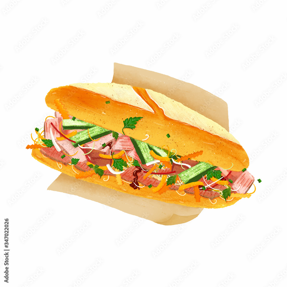 Watercolor hand-drawn Vietnamese food Banh Mi baguette bread ...