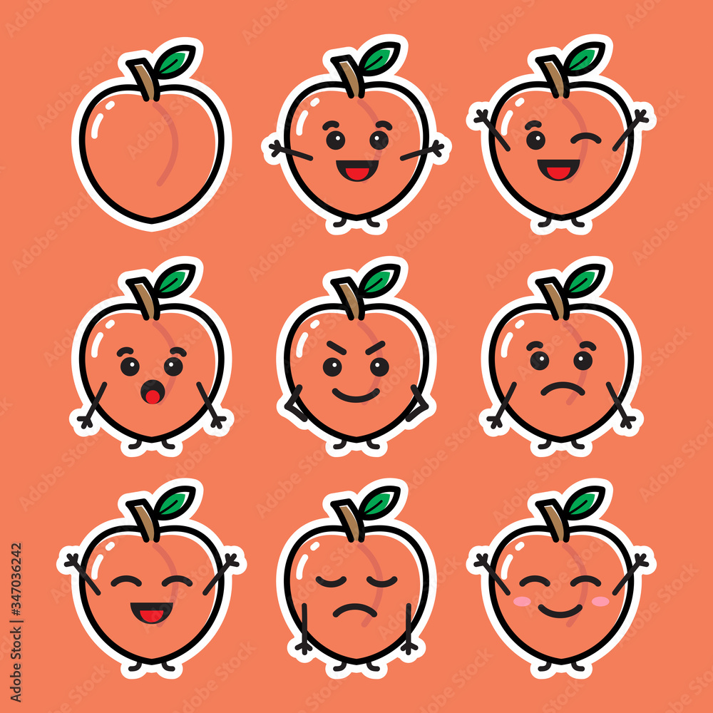Set of cute cartoon colorful peach with different emotions. Funny ...