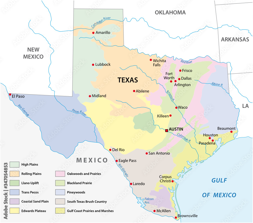 Vector map of the physical regions of Texas Stock Vector | Adobe Stock