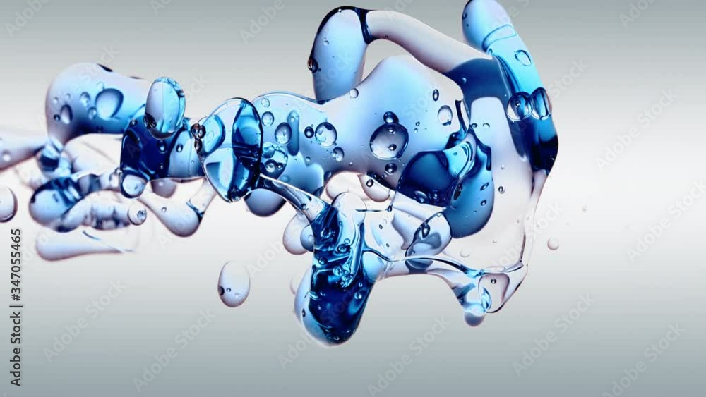 transparent blue oil bubbles and fluid shapes in purified water on a ...