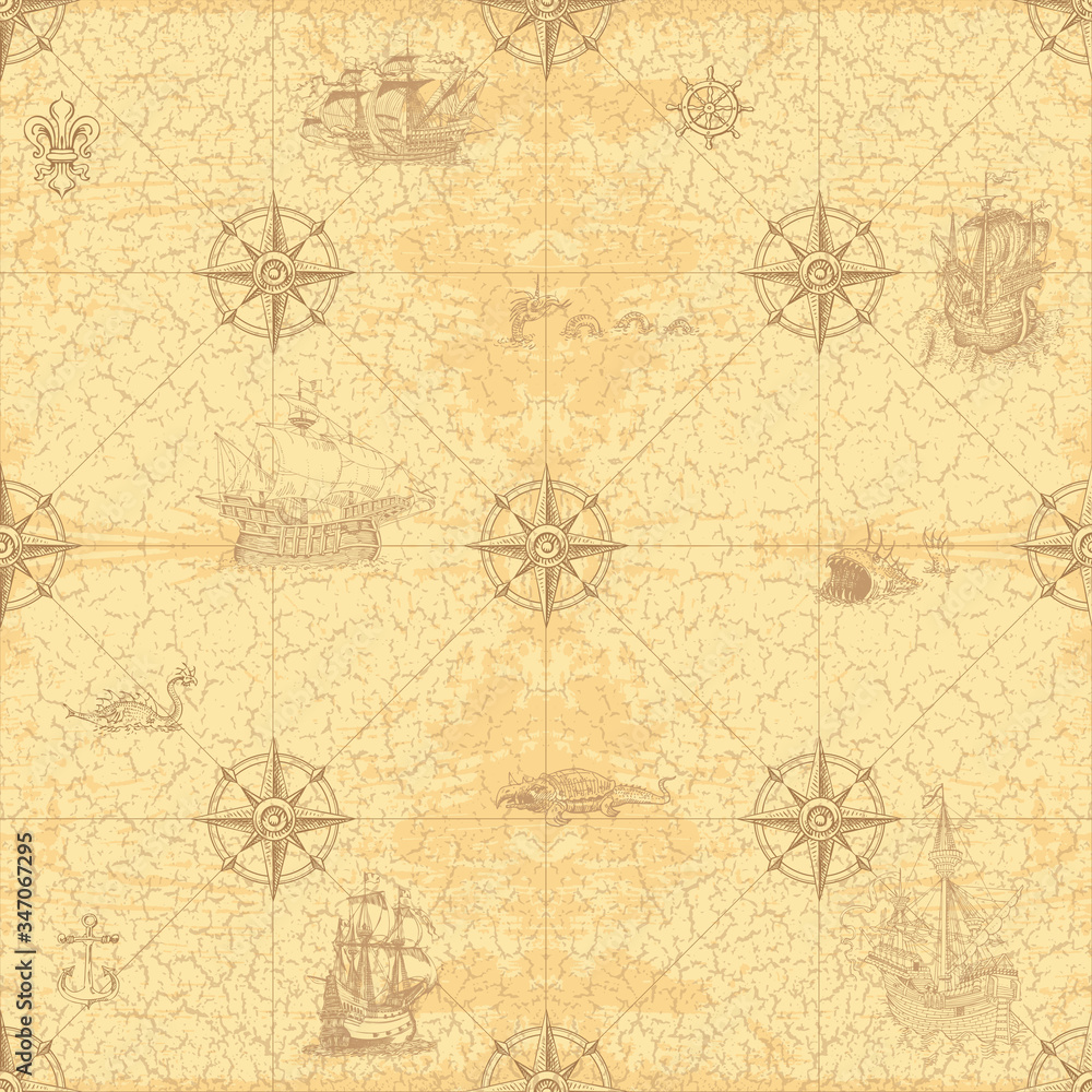 vector image of an old sea map in the style of medieval engravings ...