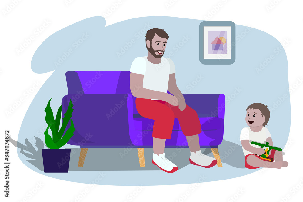 Young father is sitting on a purple sofa at home and is playing with ...