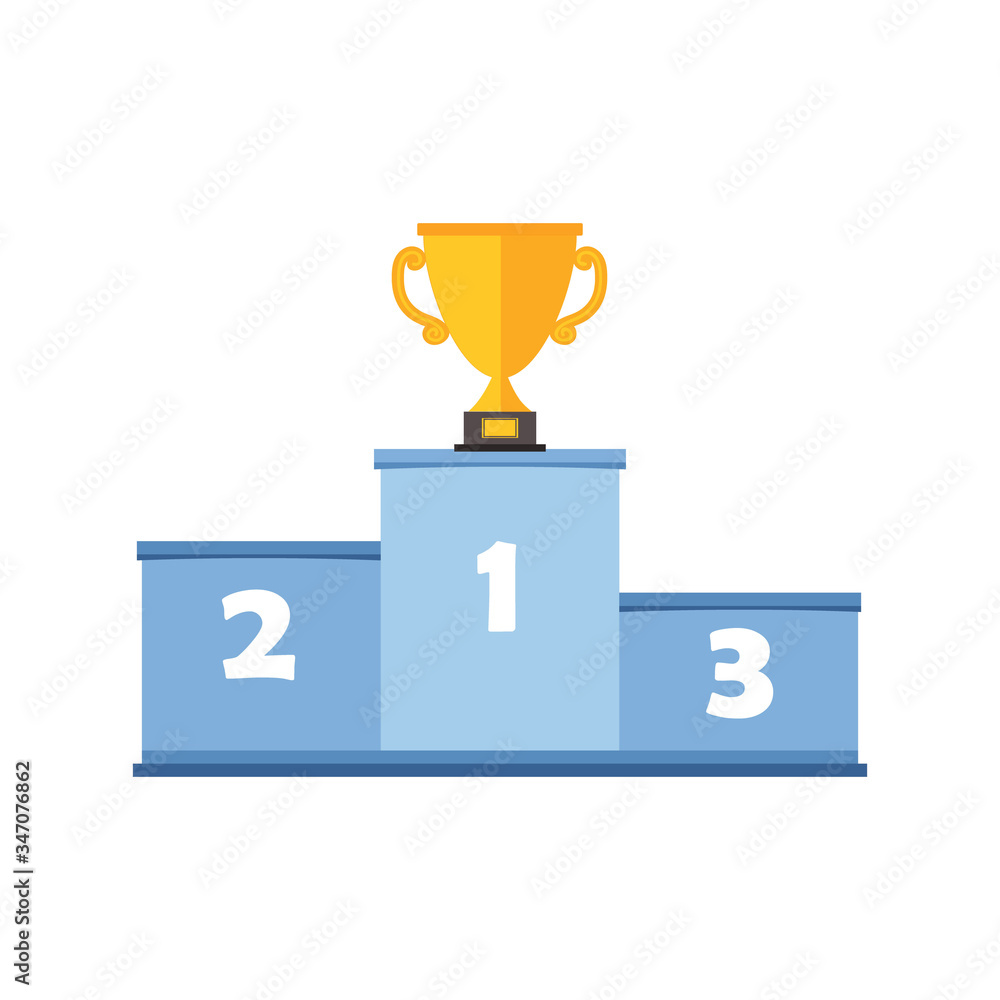 Podium for winners with a gold Cup, close-up, isolated on a white ...