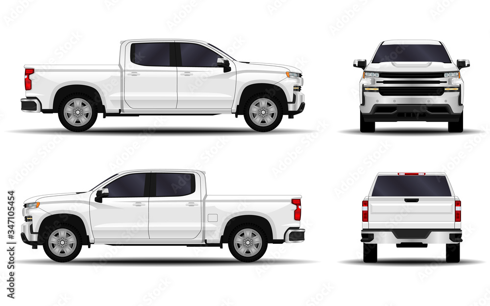 realistic car. truck, pickup. front view; side view; back view. Stock ...