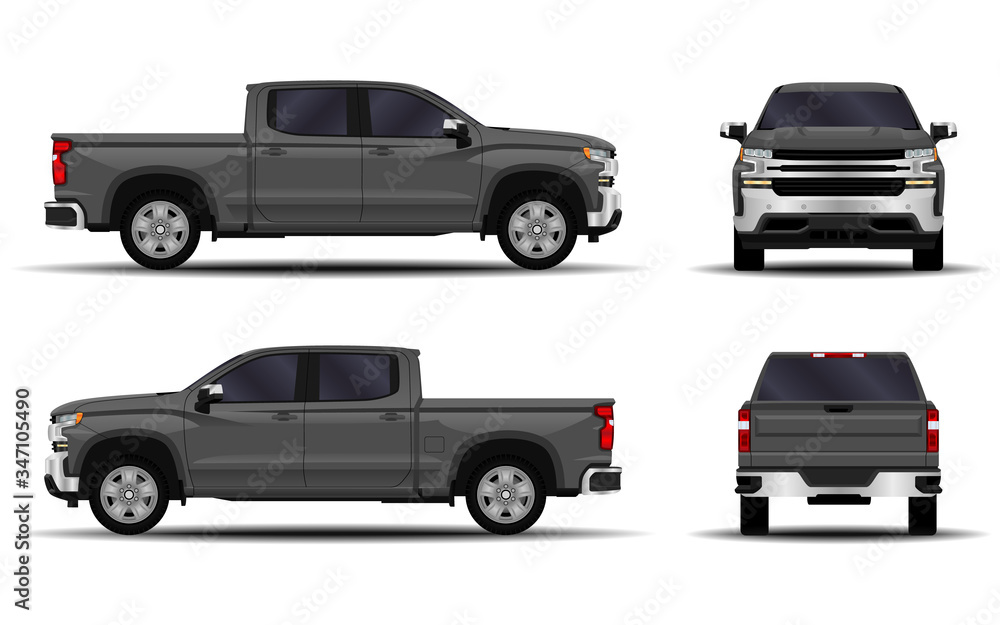 realistic car. truck, pickup. front view; side view; back view. Stock ...