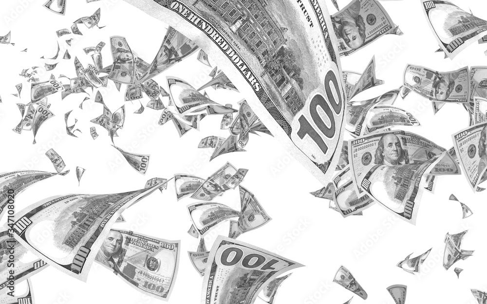 Flying dollars banknotes isolated on white background. Money is flying ...