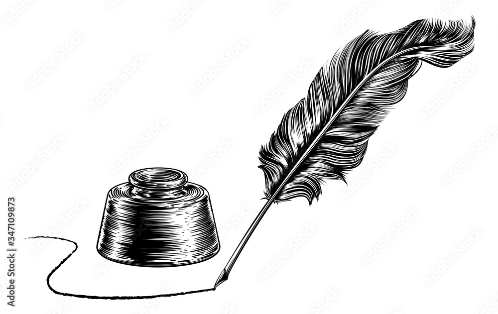 A vintage quill feather ink writing pen and inkwell in a retro woodcut ...