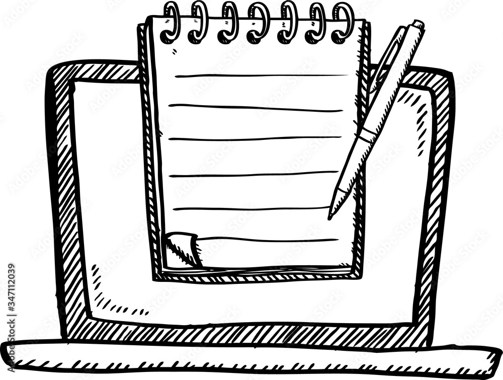 Cartoon style black and white doodle of notebook with notebook and pen ...