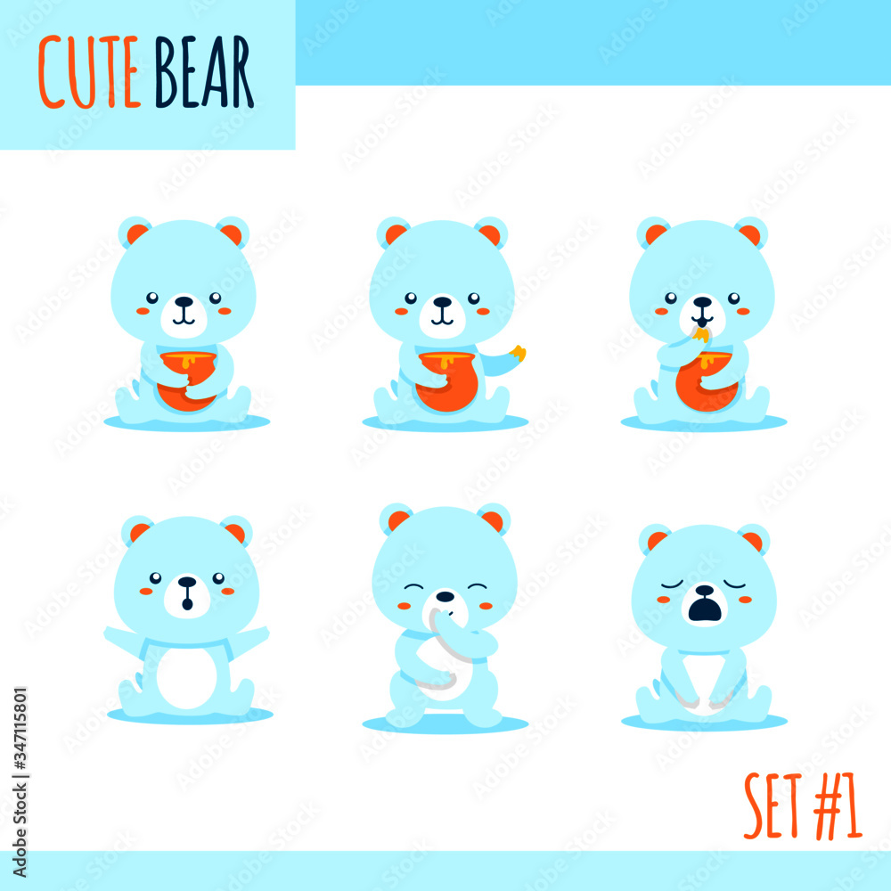 cartoon cute blue bear set in 6 different poses Stock Vector | Adobe Stock