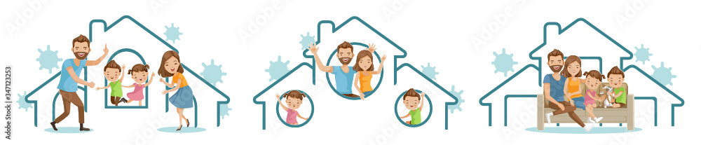 Stay at home family set. Campaign and coronavirus prevention family ...