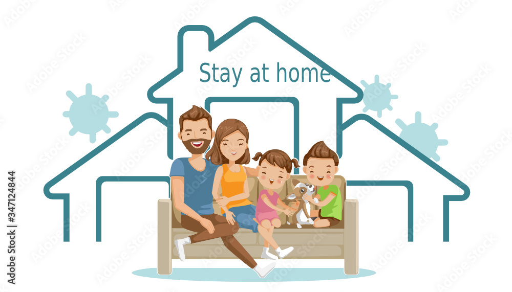 Stay at home family. Sitting together on the sofa in the living room ...