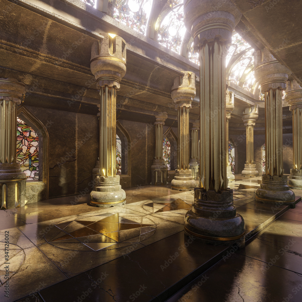 A hyper-realistic fantasy 3D interior of a temple. Majestic pillars ...